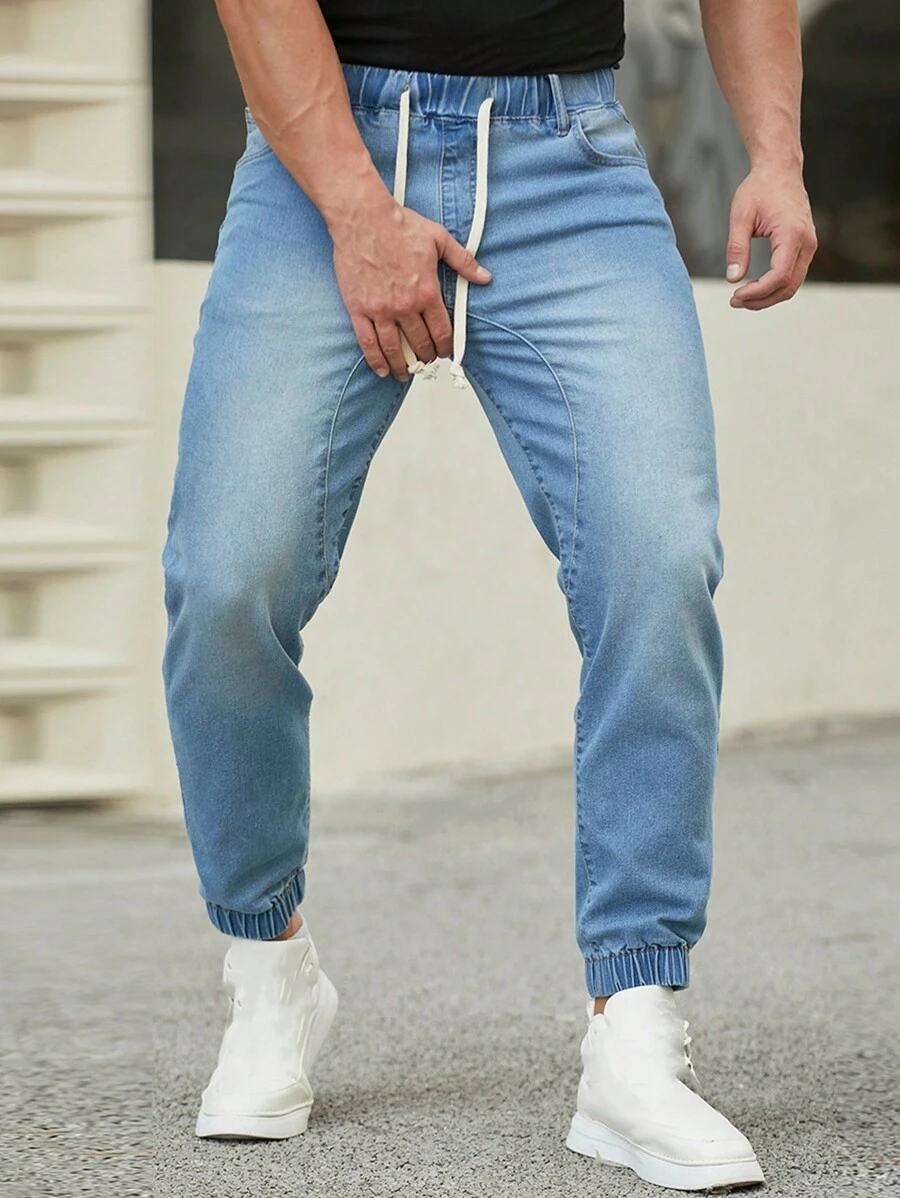 Manfinity Homme Men's Elastic Waist Drawstring Cuffed Jeans | SHEIN USA