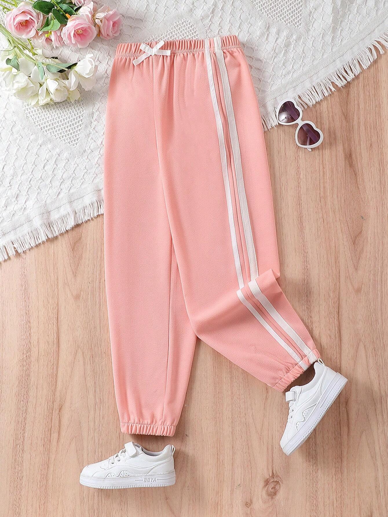 Tween Girl's Long Striped Drawstring Waist Sport Pants With Cuffed Hem ...