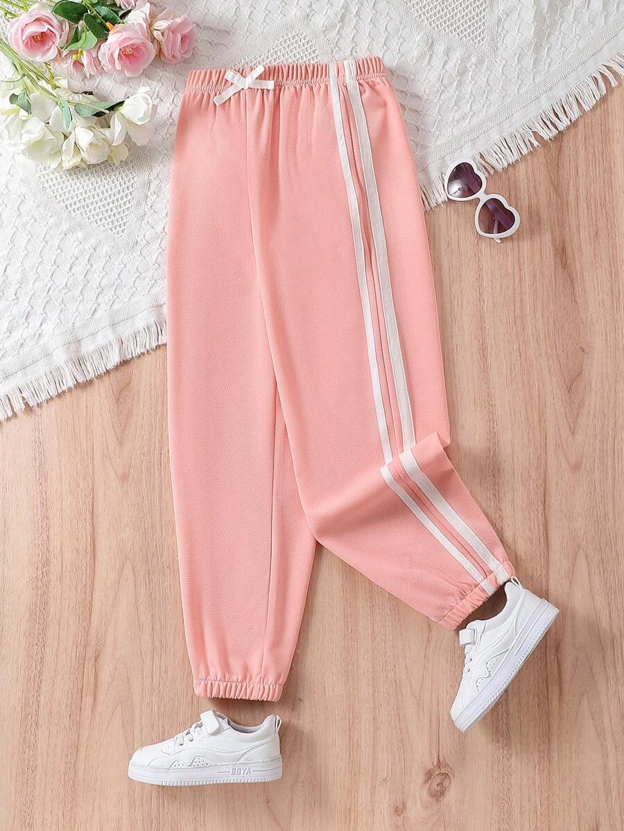 Tween Girl's Long Striped Drawstring Waist Sport Pants With Cuffed Hem ...