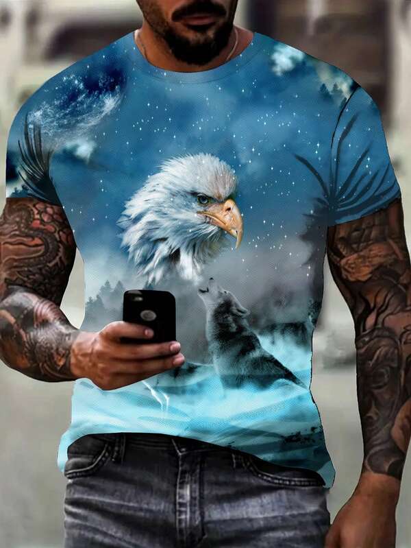 Manfinity LEGND Kurzarm-t-shirt Mit Adler- Und Wolf-print Für Herren ...