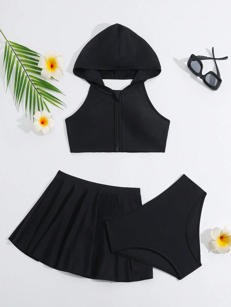 Tween Girls' Zip Front Hooded Swimsuit Set | SHEIN EUR