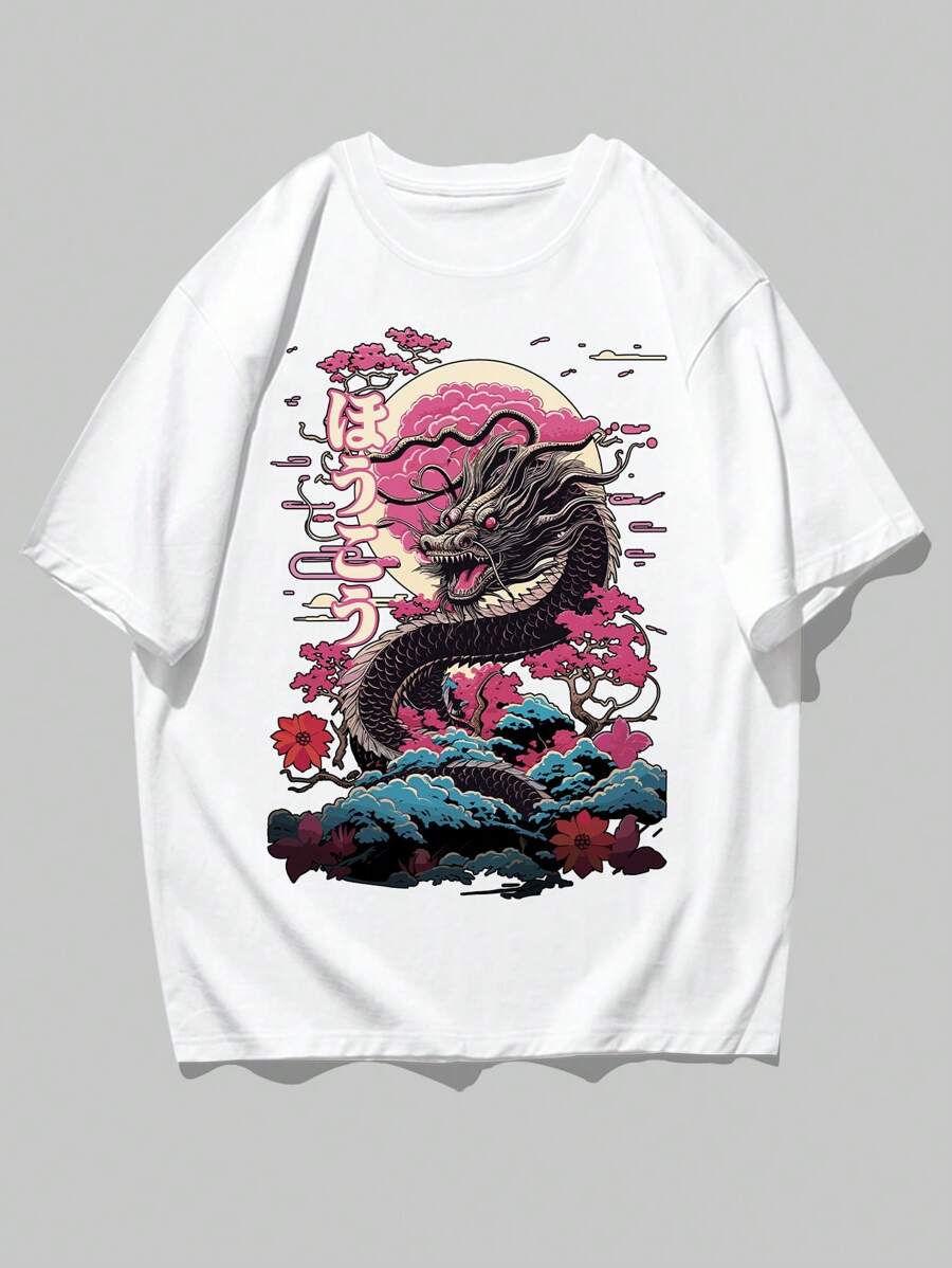 ROMWE Anime Chinese Dragon & Calligraphy Print T-shirt | SHEIN USA