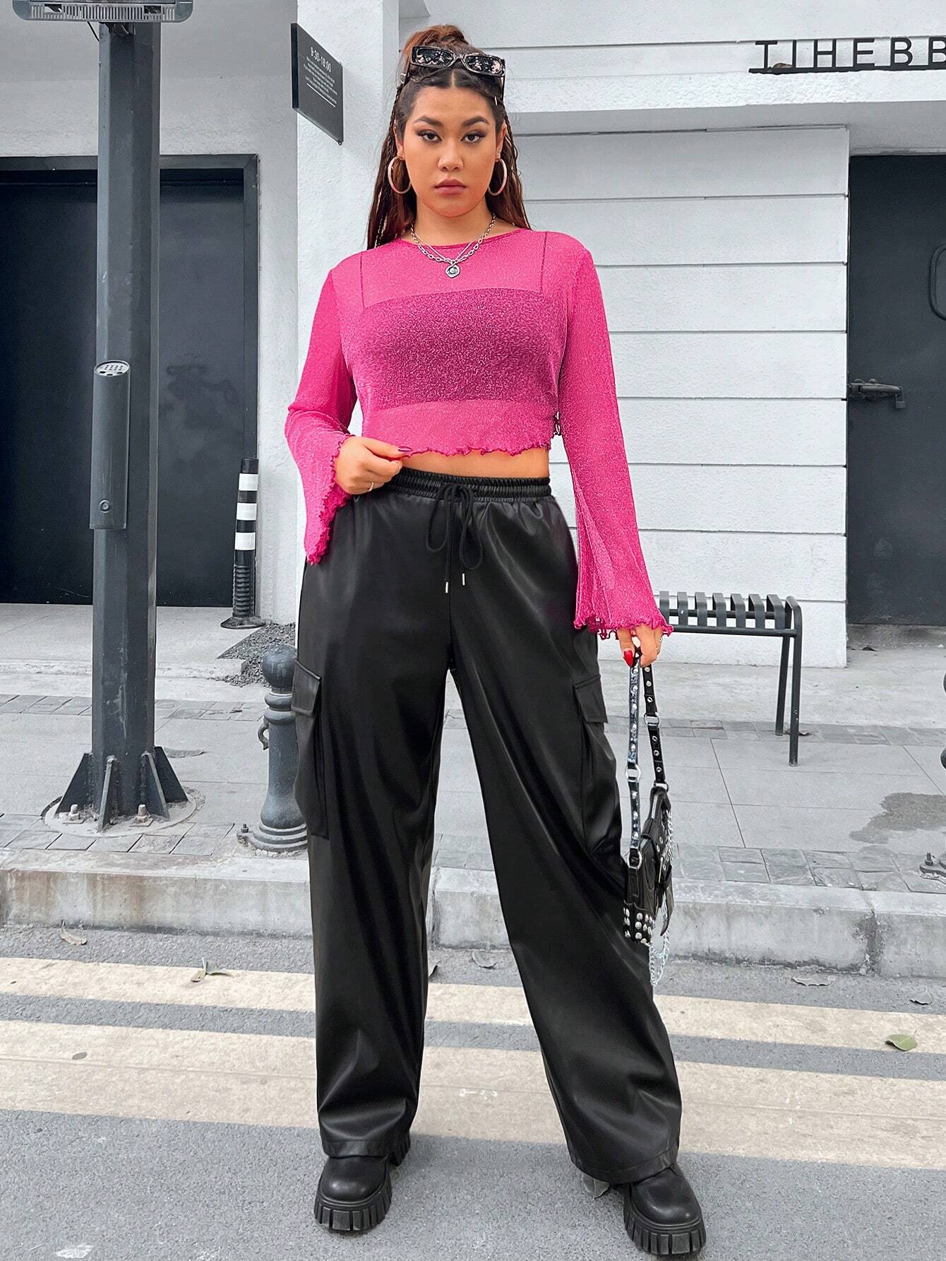 SHEIN EZwear Plus Rose Red Lettuce Hem Mesh Top | SHEIN UK