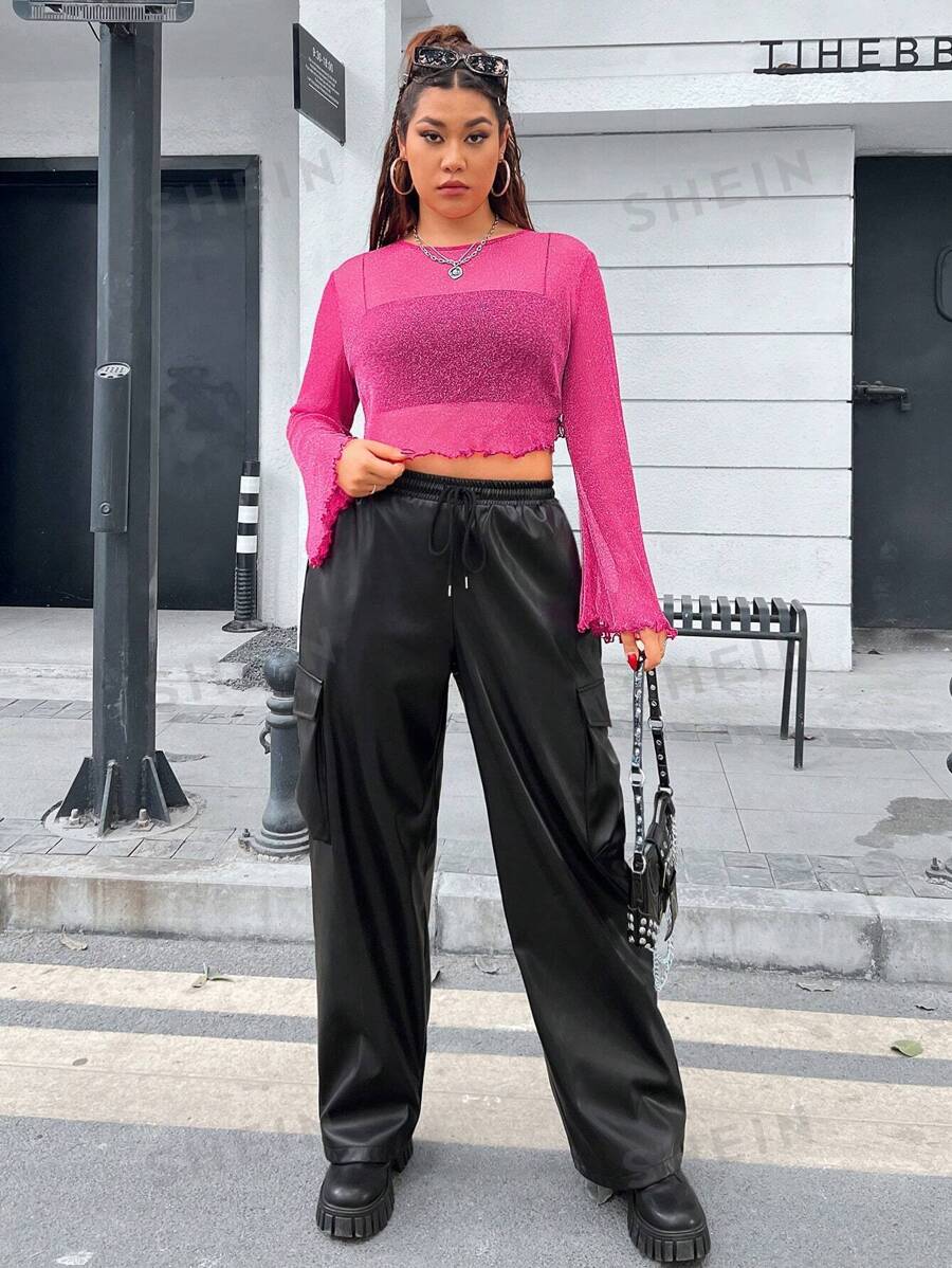 SHEIN EZwear Plus Rose Red Lettuce Hem Mesh Top | SHEIN UK