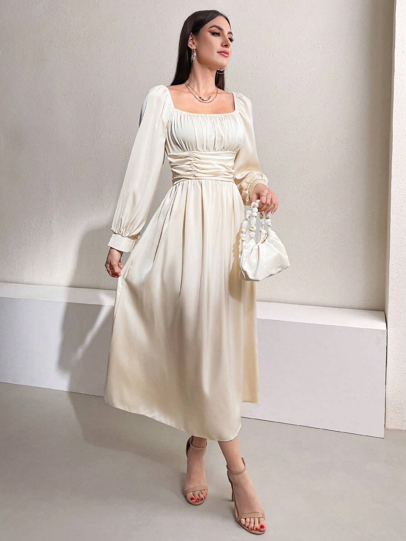 SHEIN Mulvari Women's Lantern Sleeve Pleated Square Neckline Dress ...