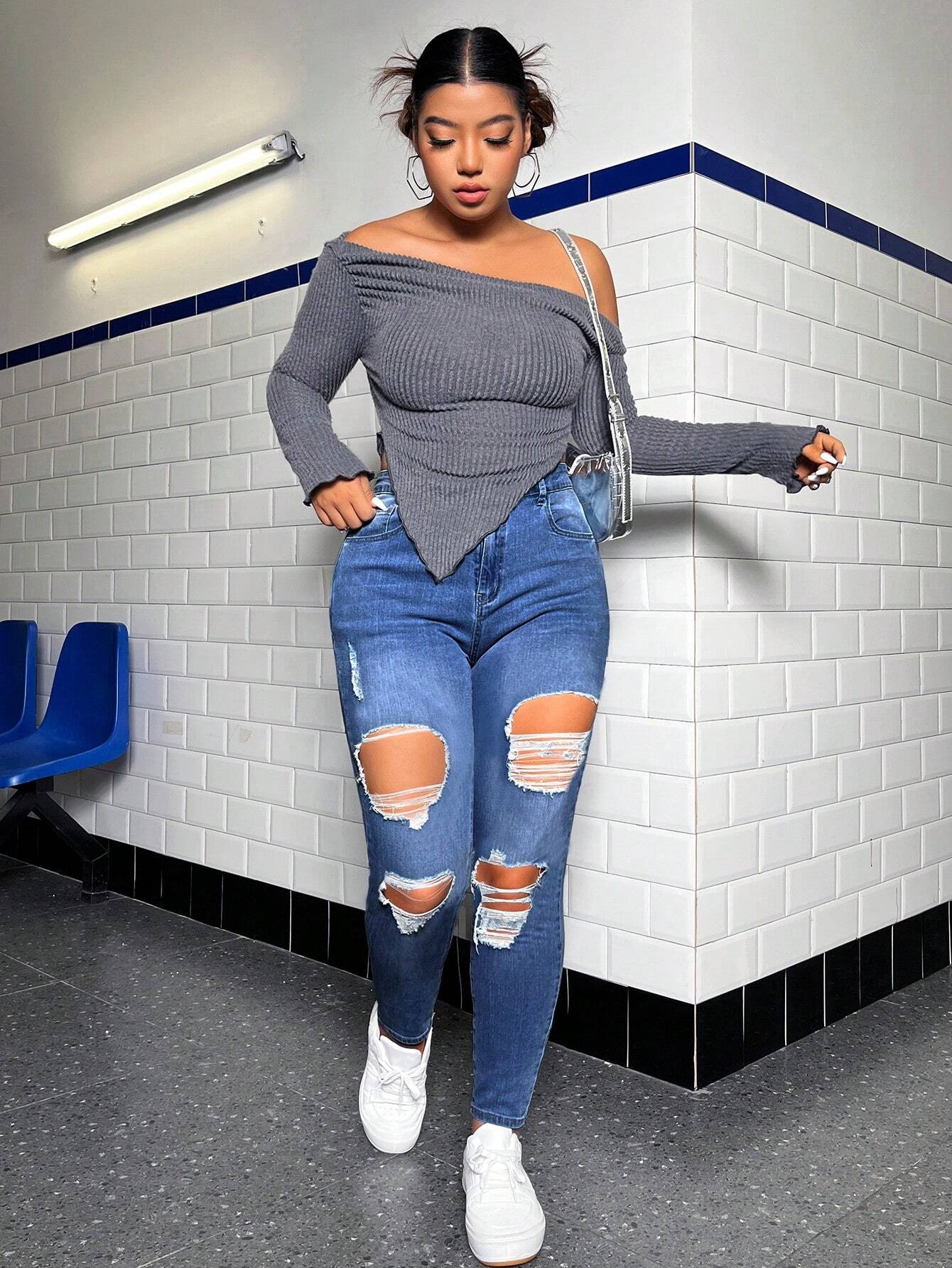 SHEIN ICON Plus Ripped Cut Out Skinny Jeans Ripped Jeans | SHEIN USA