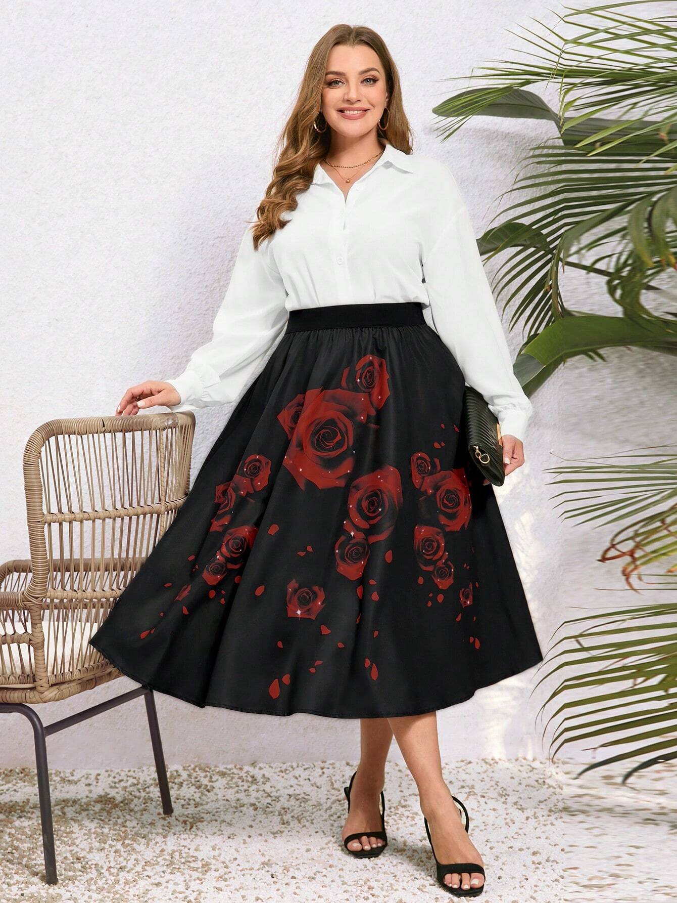 EMERY ROSE Jupe mi-longue noire de grande taille avec imprimé floral de ...