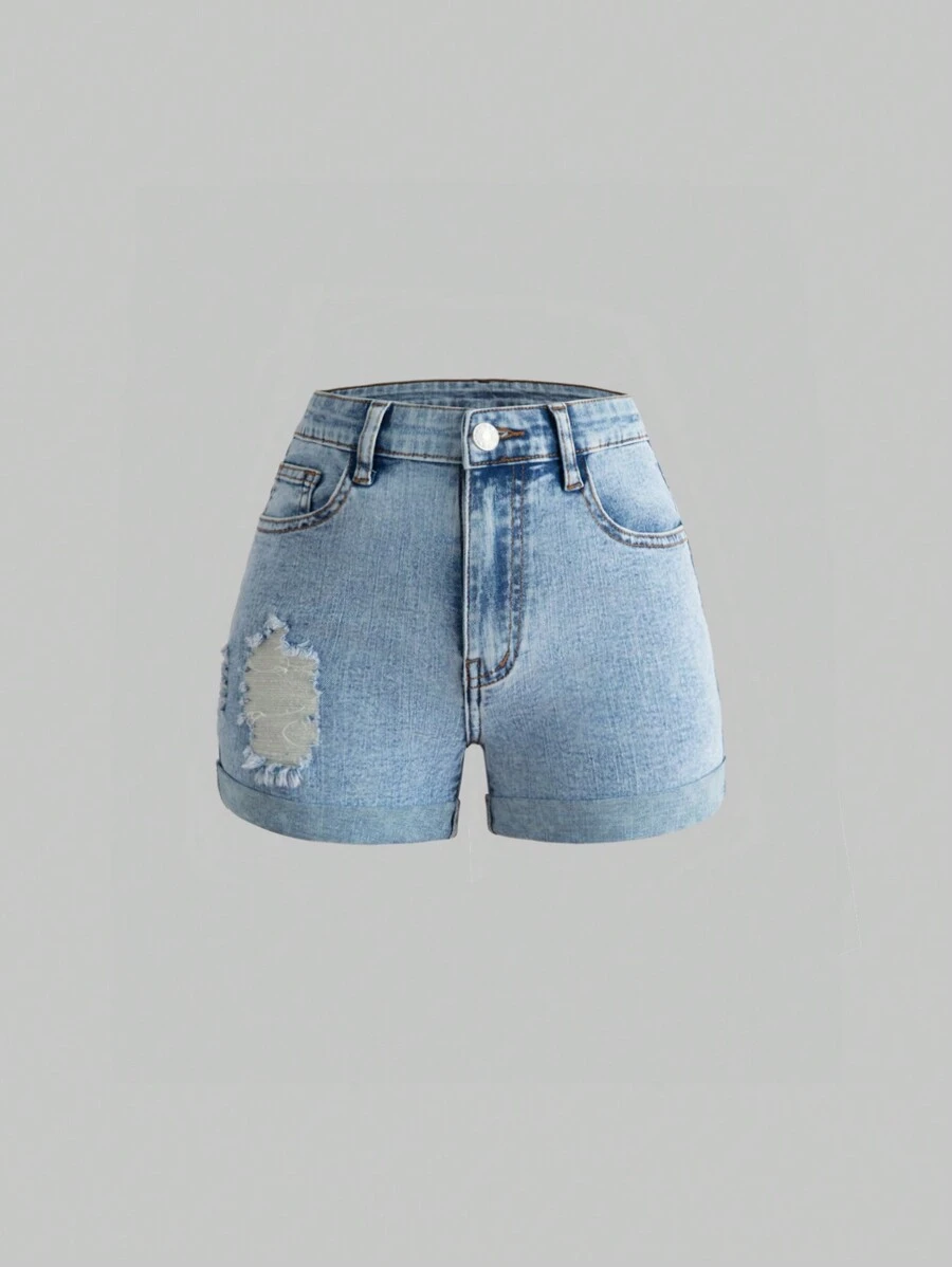 New Casual & Fashionable Distressed Washed Denim Shorts For Tween Girls ...