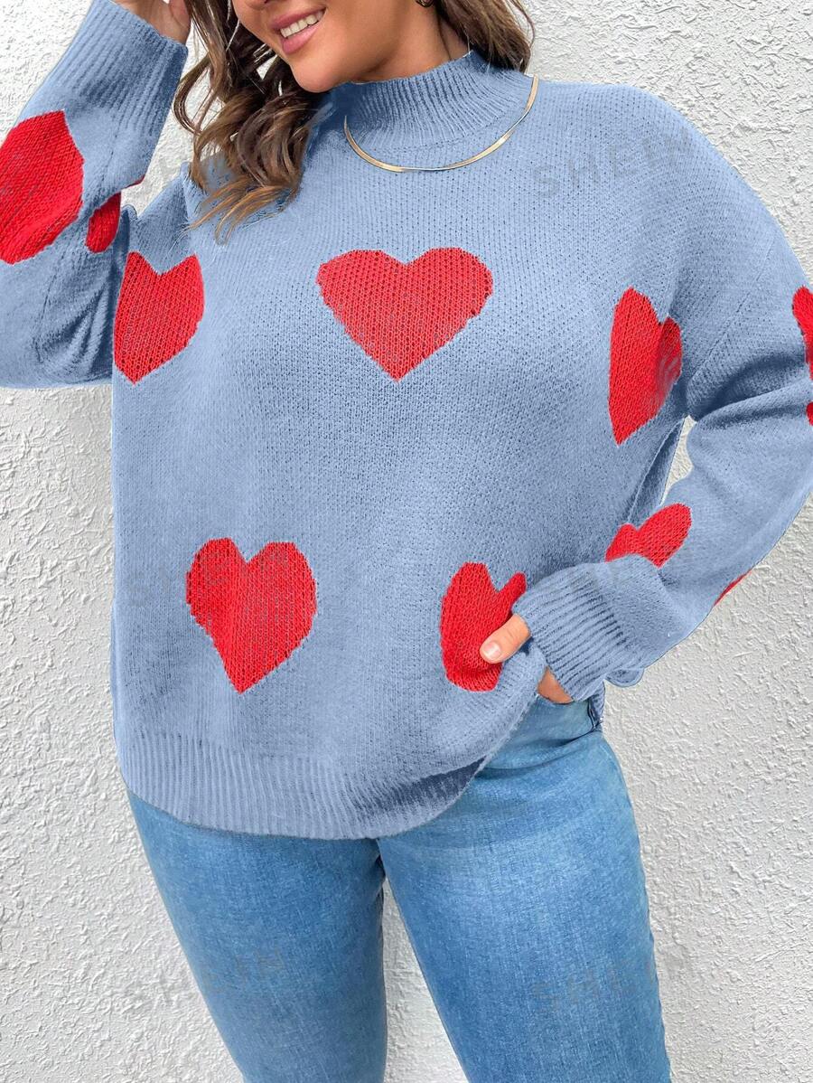 Shein Frenchy Plus Size Womens Heart Pattern Stand Collar Sweater Shein