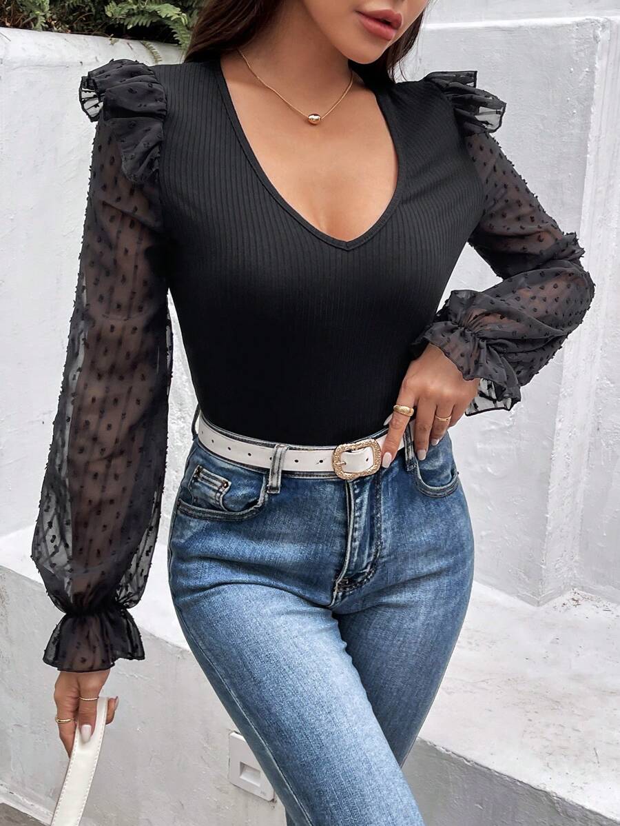 SHEIN Frenchy Summer See-Through Stitching Polka-Dot Ruffle Sleeve V ...