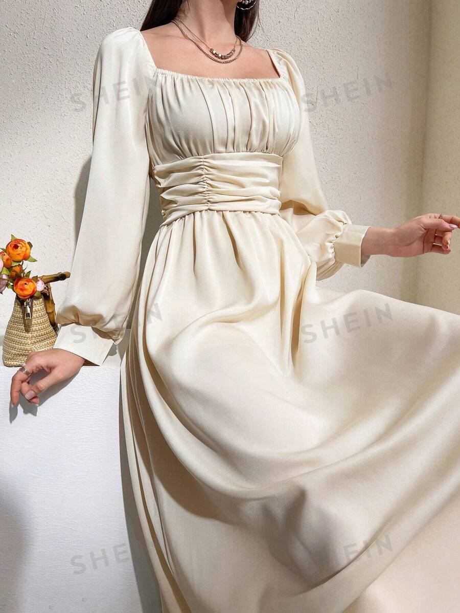 SHEIN Mulvari Women's Lantern Sleeve Pleated Square Neckline Dress | SHEIN USA