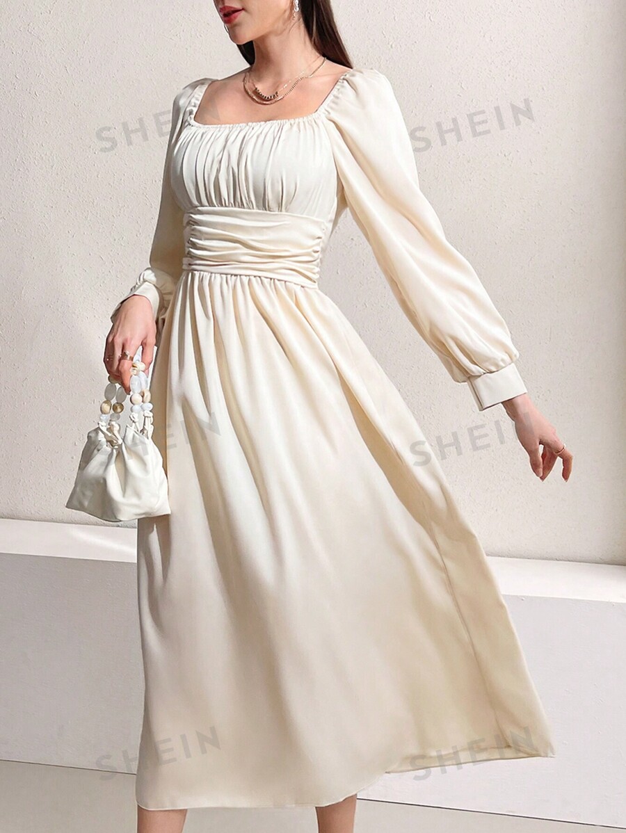 SHEIN Mulvari Women's Lantern Sleeve Pleated Square Neckline Dress | SHEIN USA