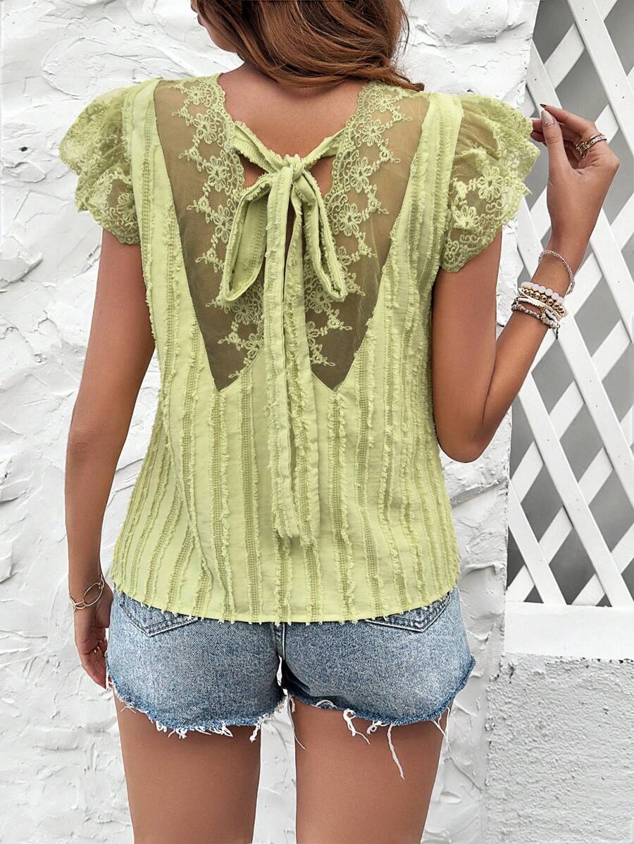 Breezaya Women's Tie Back Embroidered Sheer Mesh Panel Blouse | SHEIN USA