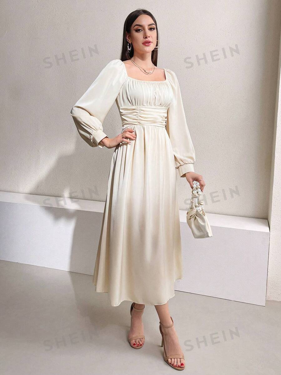 SHEIN Mulvari Women's Lantern Sleeve Pleated Square Neckline Dress | SHEIN USA