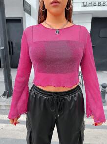 SHEIN EZwear Plus Rose Red Lettuce Hem Mesh Top | SHEIN UK
