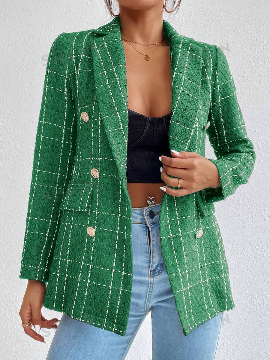 SHEIN Frenchy Casaco Blazer Xadrez Lã Espessa De Lapela De Mangas Compridas | SHEIN Brasil