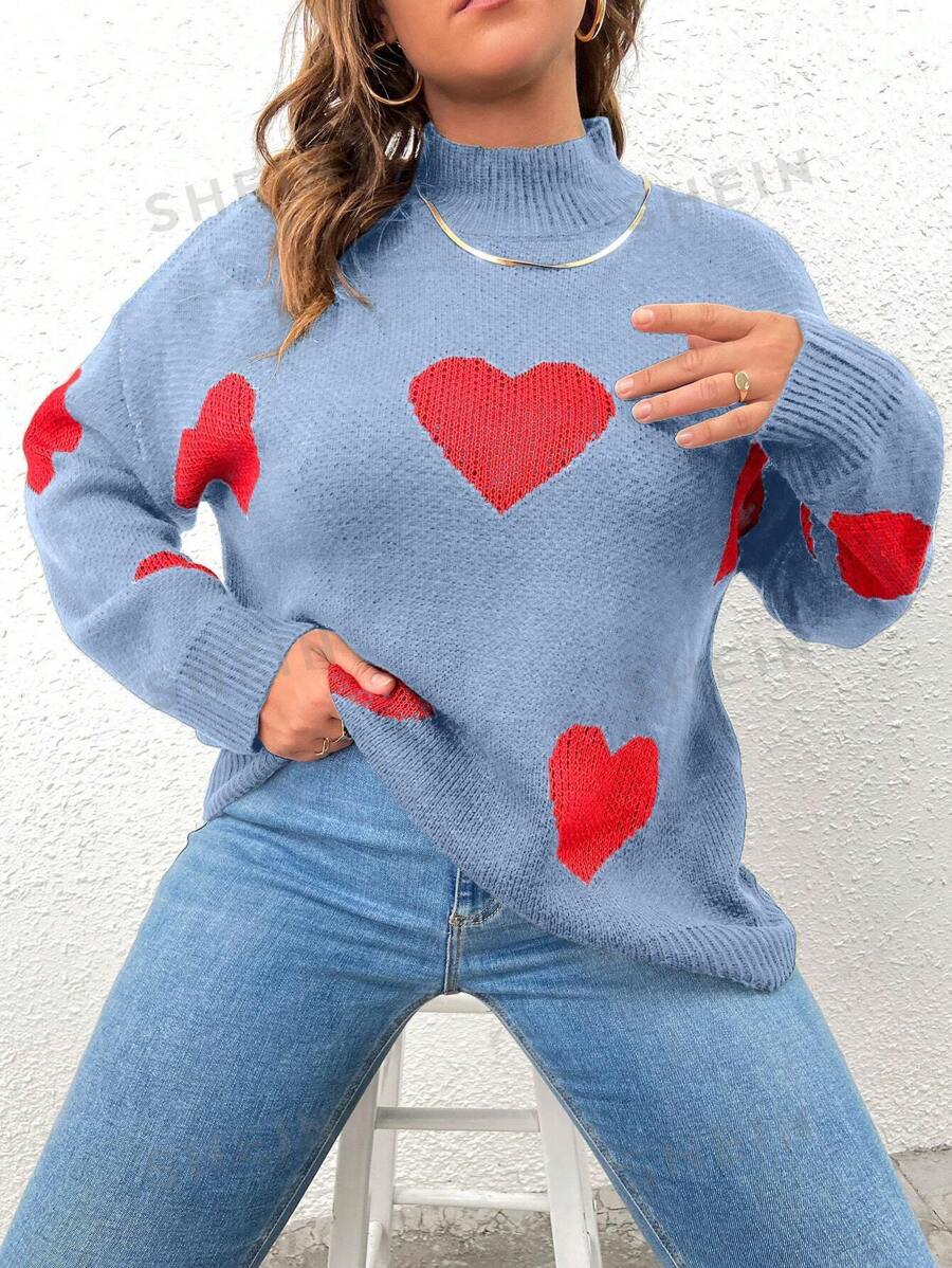 Shein Frenchy Plus Size Womens Heart Pattern Stand Collar Sweater Shein