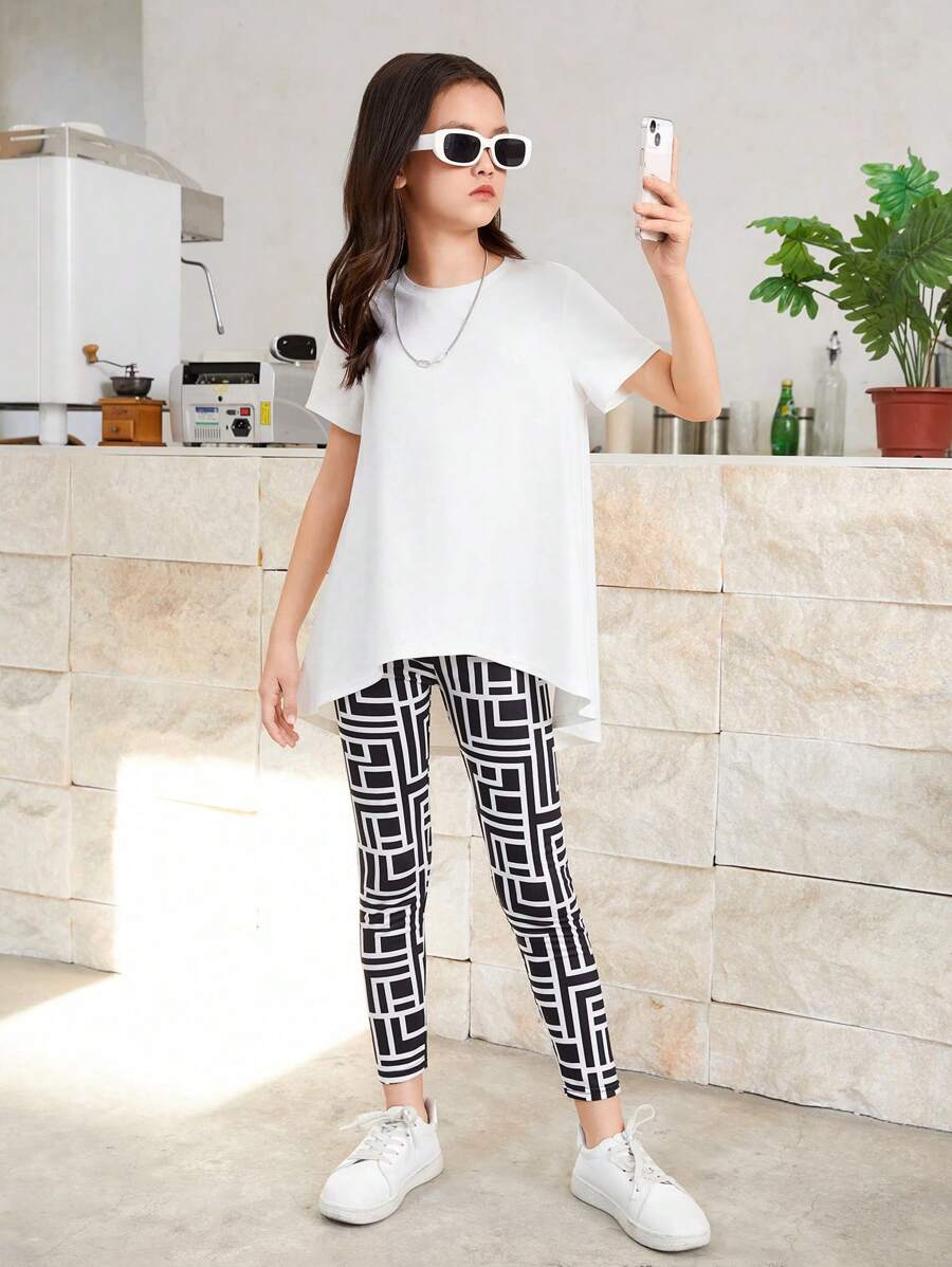 SHEIN Camiseta solta de gola redonda para Meninas Tween com calças ...