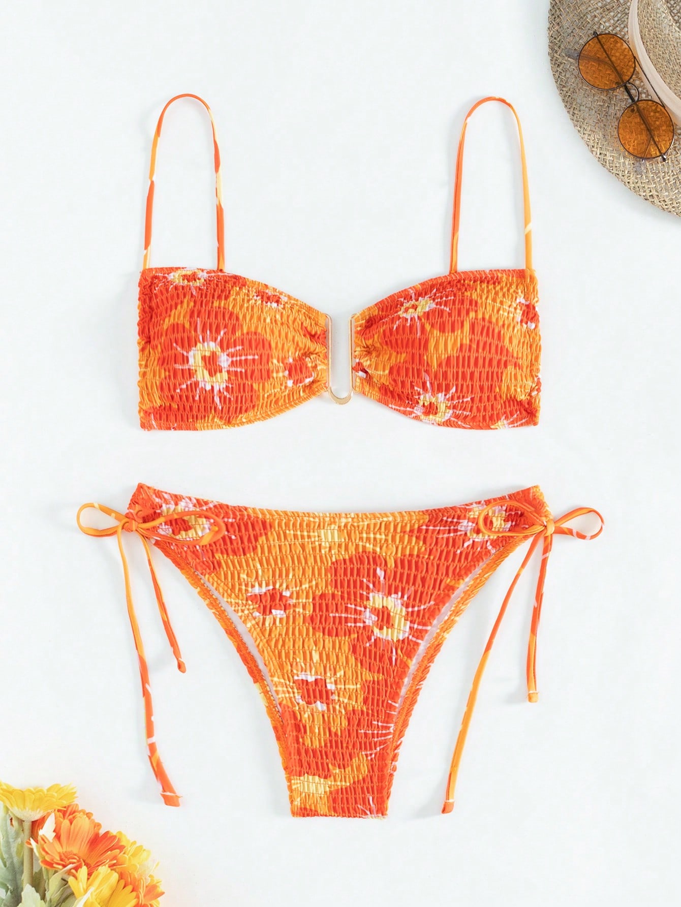 Women's Floral Printed Shirred Bikini Swimsuit Set, String Bikini Swimwear Bathing Suit Beach ...