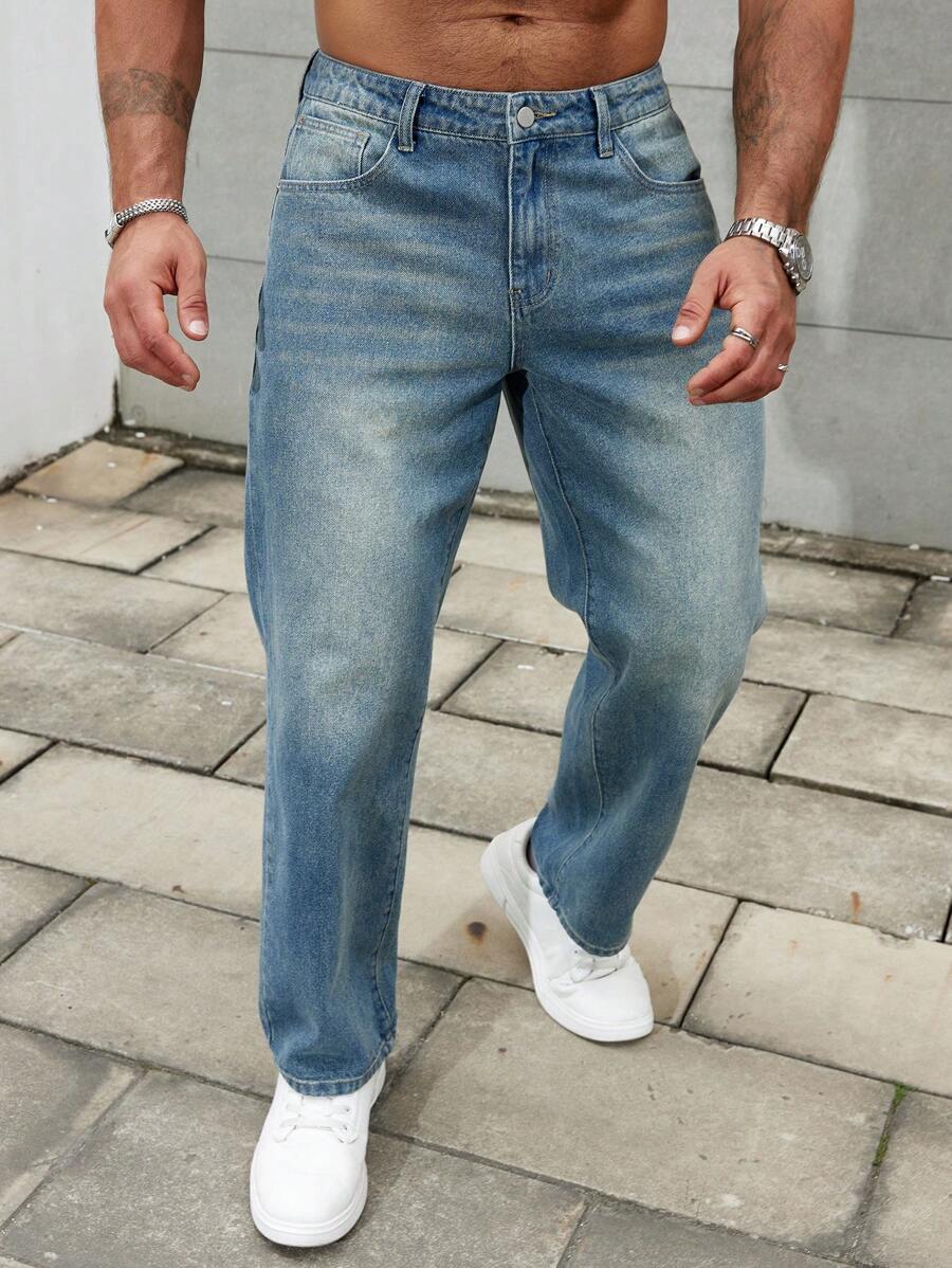 Manfinity Homme Men's Casual Jeans Straight Leg Long Distressed Dark ...