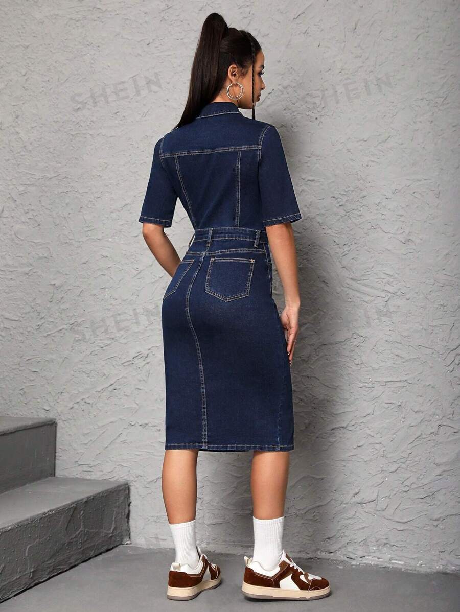 SHEIN PETITE Women's Slim Fit Denim Dress With Front Row Button And ...
