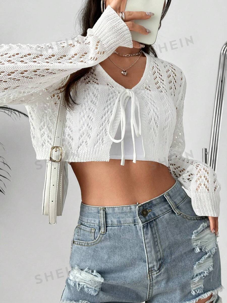 SHEIN EZwear Vrouwen Uitgeholde Voorkant Gebonden Cardigans | SHEIN ...