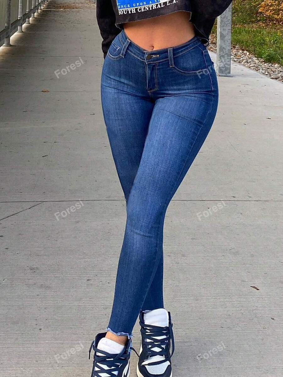 Deep Blue Washed Basic Denim Jeans | SHEIN EUR