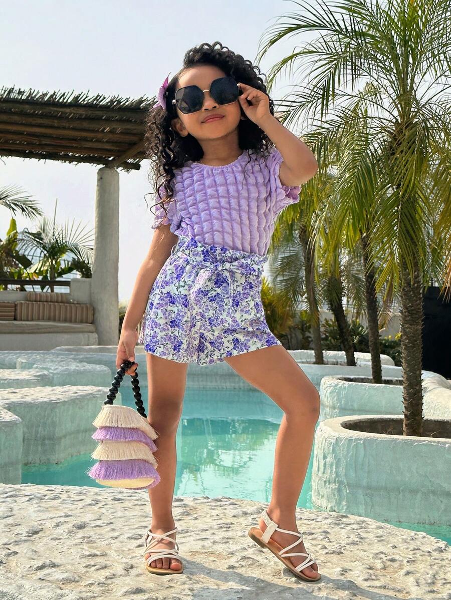 SHEIN 女の子用 無地カラー 休日用 ショートスリーブtシャツ＋ショートパンツ 上下セット | SHEIN JAPAN