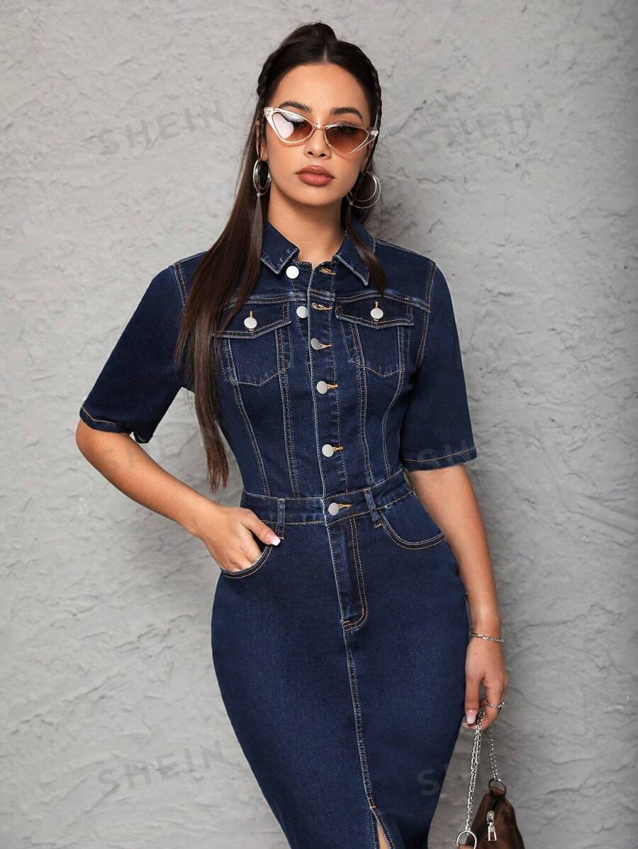 SHEIN PETITE Women's Slim Fit Denim Dress With Front Row Button And ...