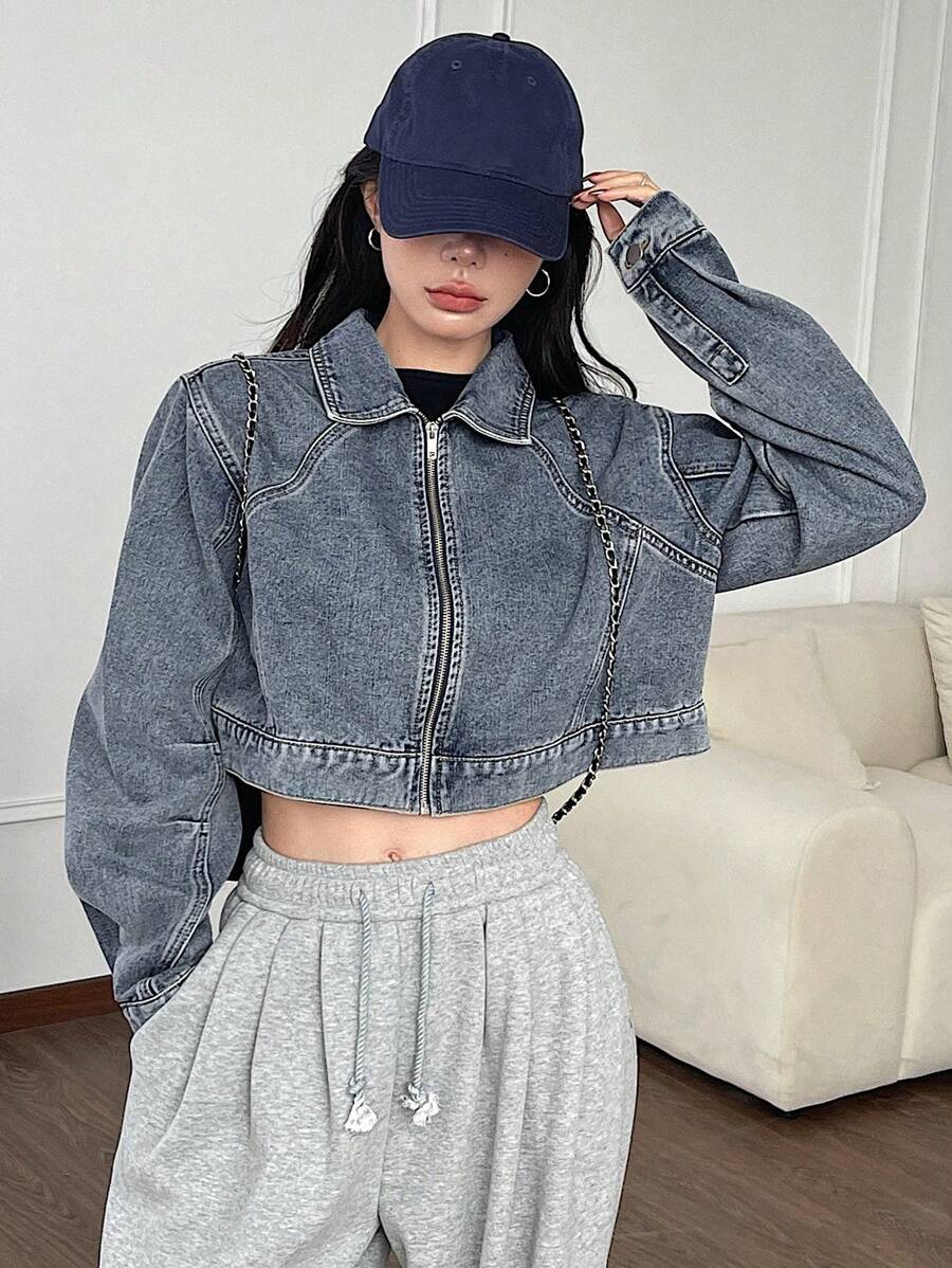 DAZY Ladies' Short Length Denim Jacket With Front Zipper | SHEIN USA