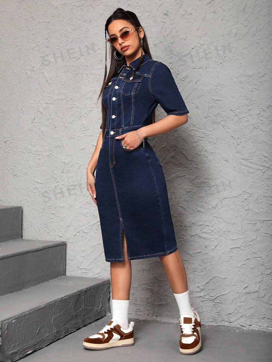 SHEIN PETITE Women's Slim Fit Denim Dress With Front Row Button And ...
