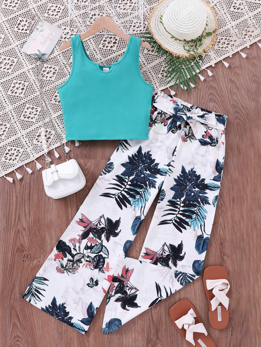 SHEIN 1set Tween Girls' Solid Color Vest Top And Vacation Floral ...