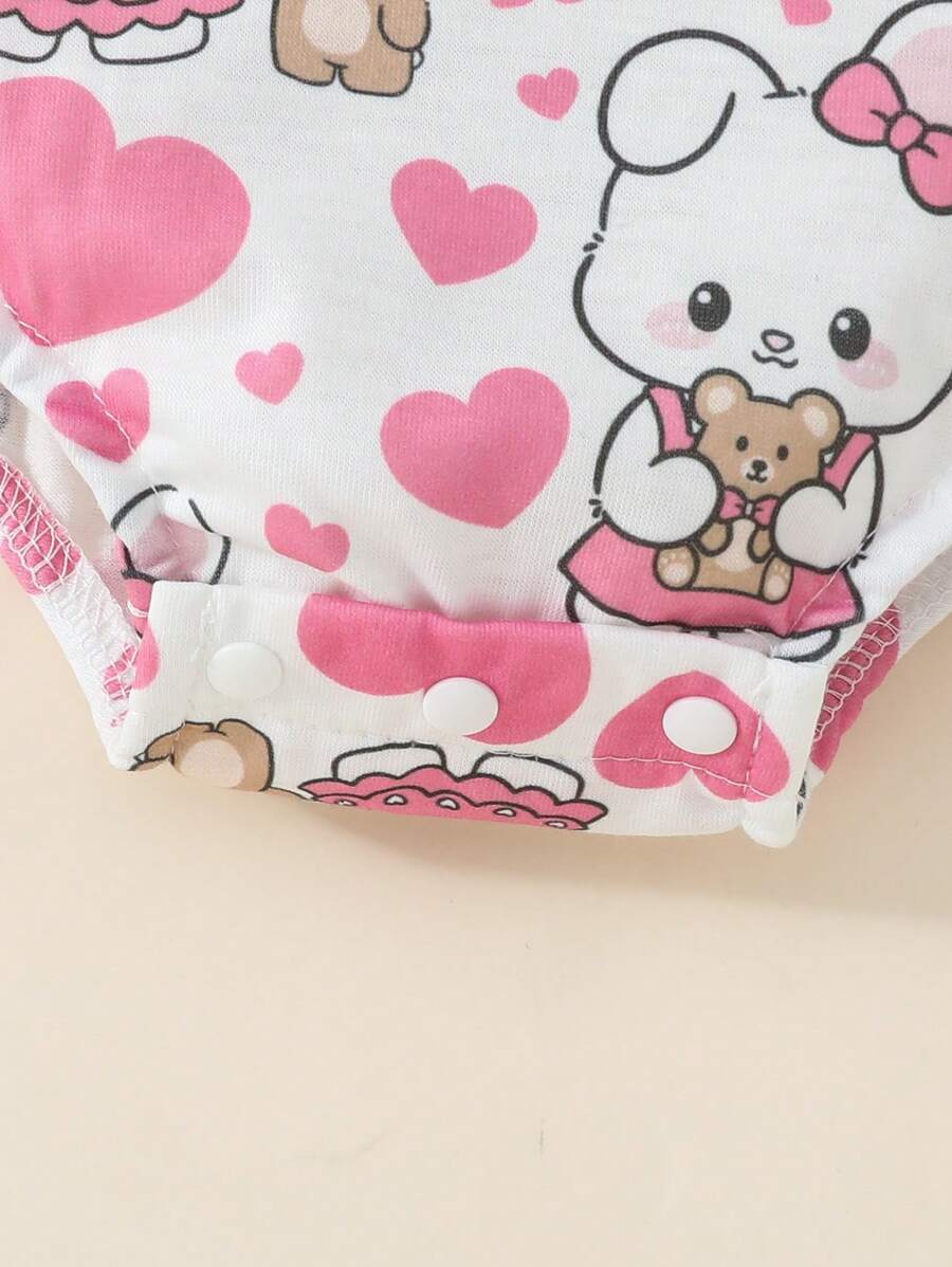 SHEIN Baby Girl Pink Heart Bear Print Romper And Pink Romper With ...