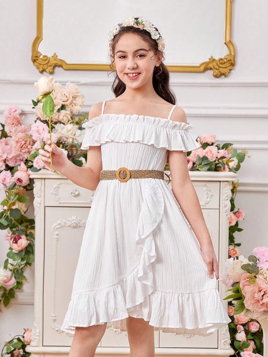 Tween Girls' Solid Color Ruffle Trim Dress With Detachable Braided Belt ...