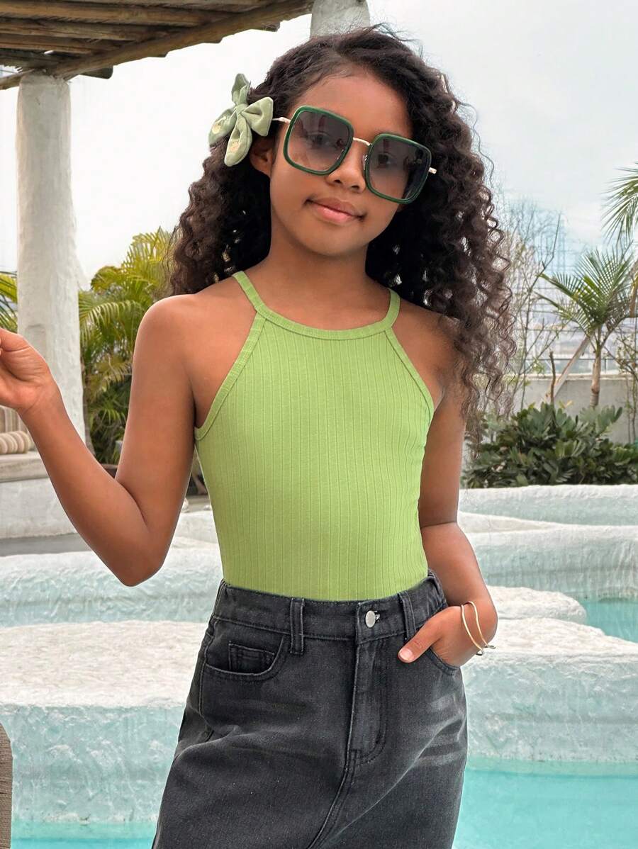 SHEIN Solid Color Ribbed Knit Halter Top For Tween Girls | SHEIN USA