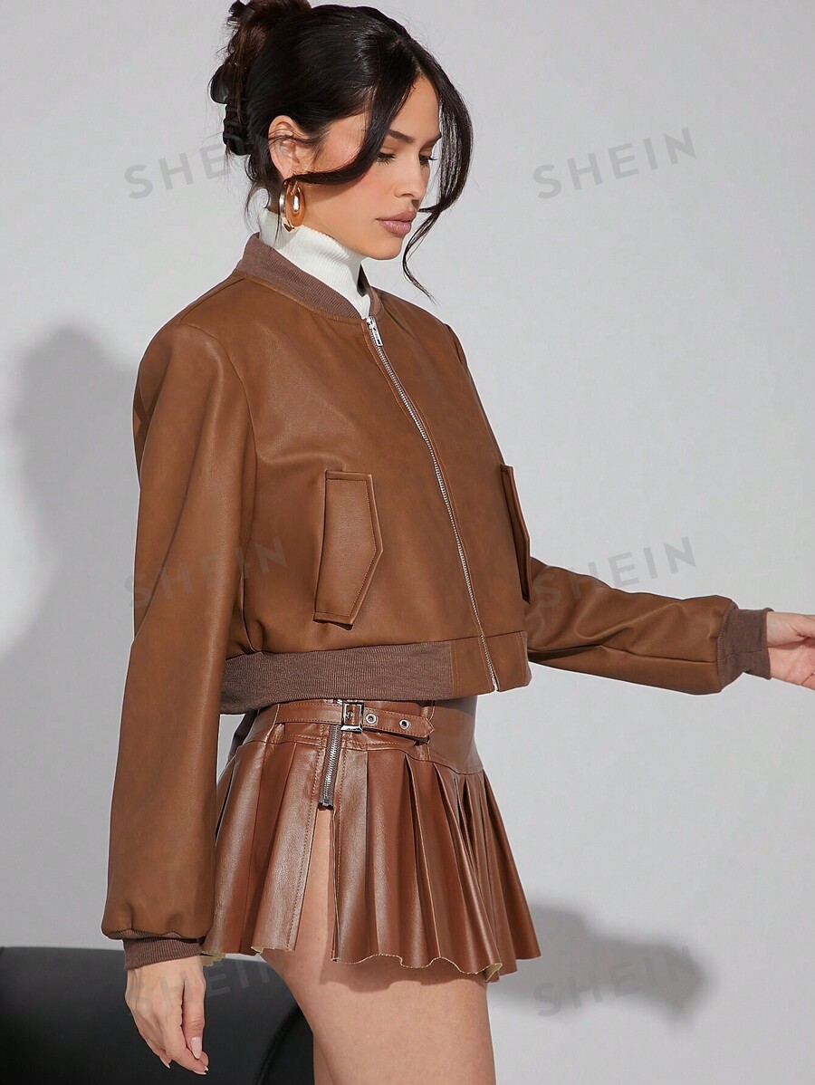 SHEIN Haute Women Cropped Power Shoulder Bomber Jacket | SHEIN UK