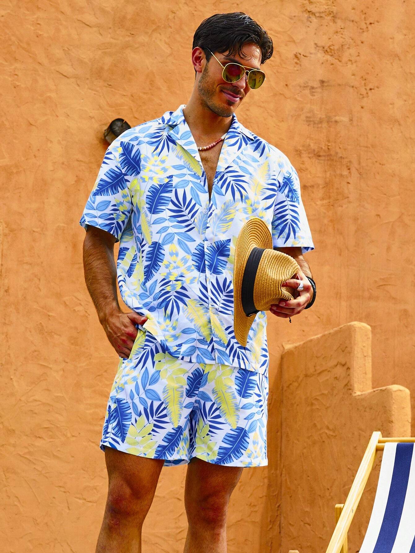 Manfinity Men's Tropical Plant Patterned Short Sleeve Shirt And Shorts ...