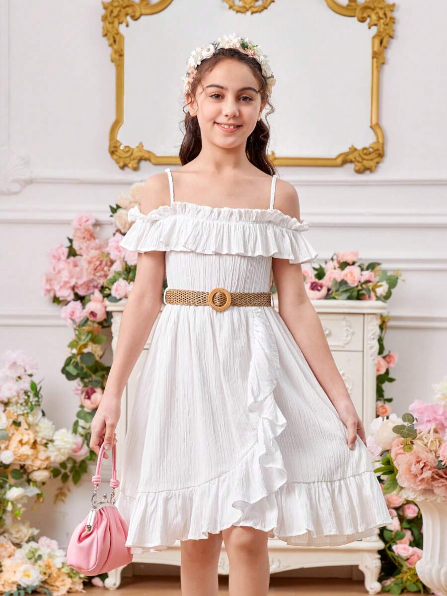 Tween Girls' Solid Color Ruffle Trim Dress With Detachable Braided Belt ...