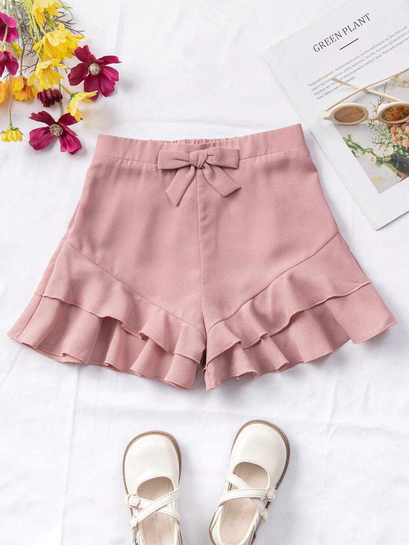 Tween Girls' Double Layered Ruffled Shorts With Bow Decoration On Waist ...