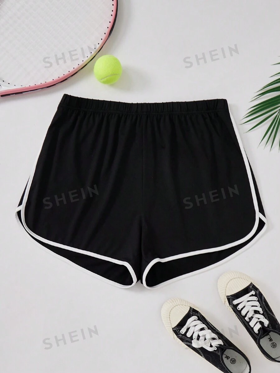Shein Ezwear Plus Size Elastic Waist Colorblock Shorts With Rolled Hem