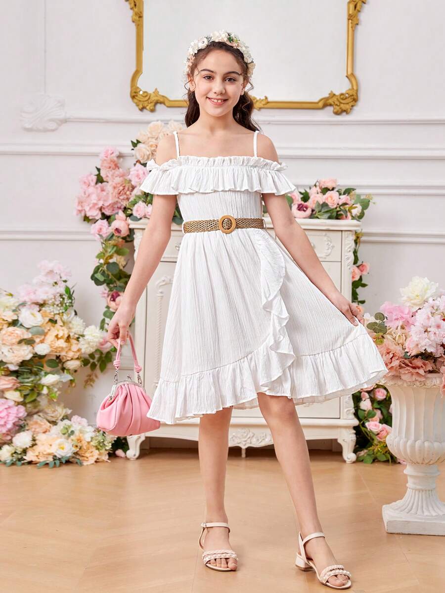 Tween Girls' Solid Color Ruffle Trim Dress With Detachable Braided Belt ...