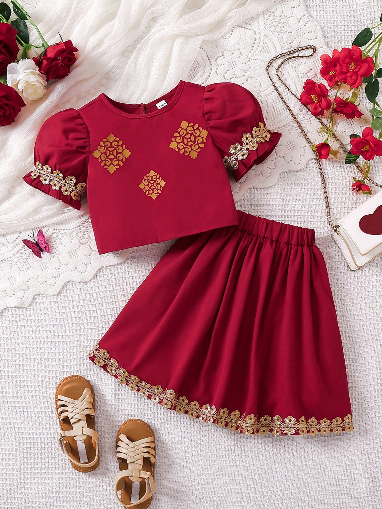 SHEIN Young Girl Golden Totem Print Top And Skirt Set | SHEIN USA