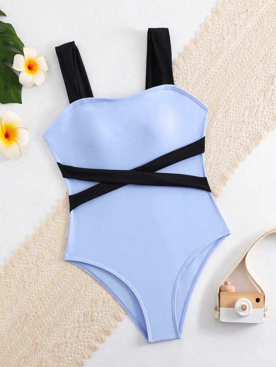 Tween Girls' Color Block Swimsuit With Crisscross Detailing In One ...