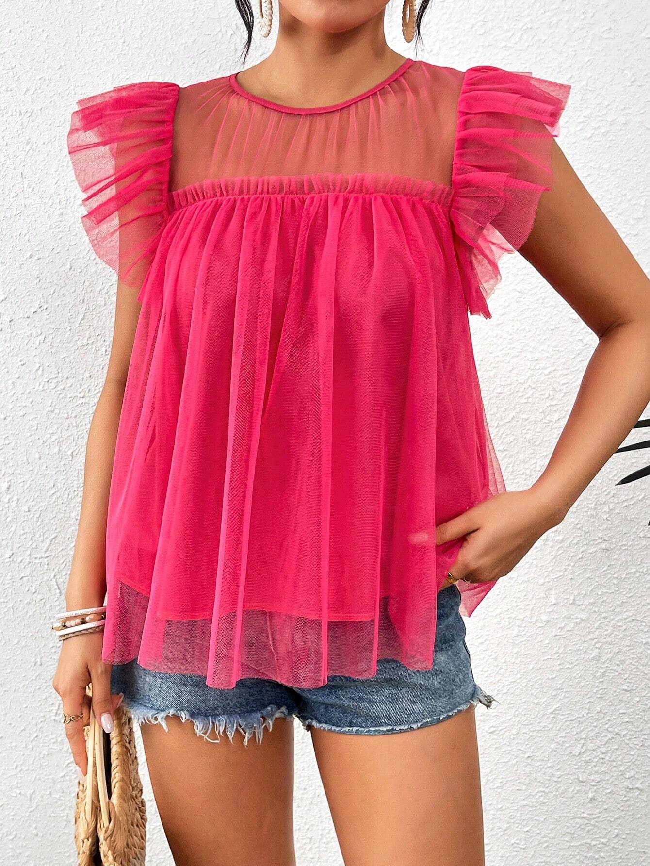 SHEIN VCAY Women's Short Sleeve Sheer Mesh Blouse | SHEIN USA