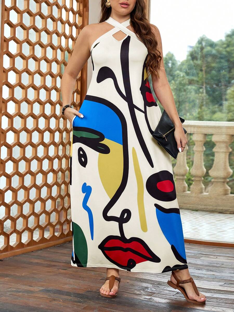 SHEIN LUNE Plus Size Abstract Figure Print And Hollow Out Detail ...