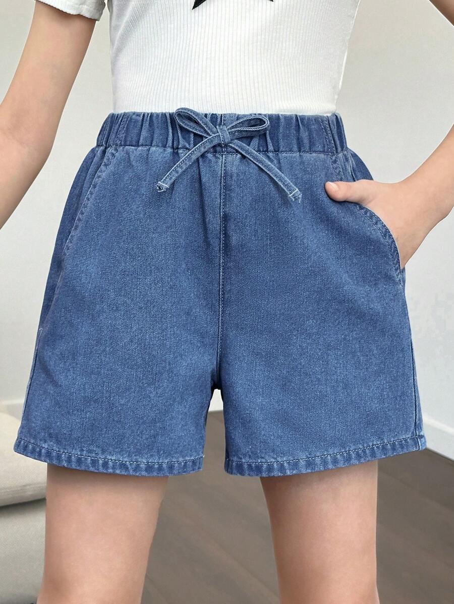 SHEIN Tween Girls Spring Summer Soft Washed Denim Shorts With ...