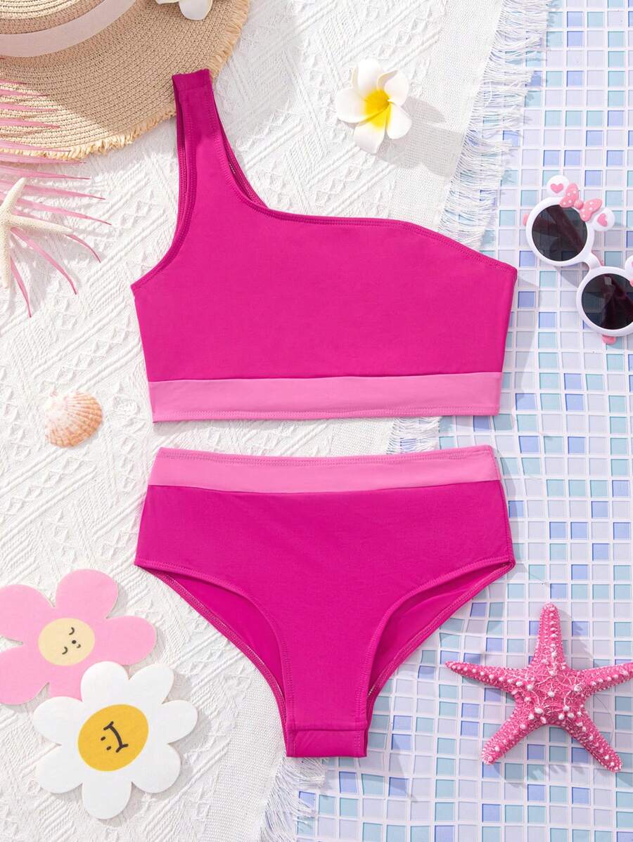 Shein Tween Girl Casual One Shoulder Bikini Set Bikini Set Top With Triangle Bottom Set Beach