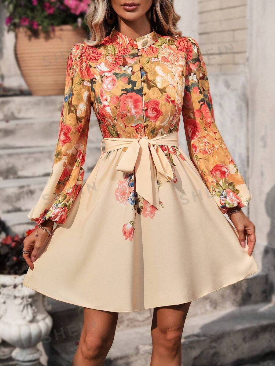Shein Clasi Womens Stand Collar Waist Cinched Lantern Sleeve Floral