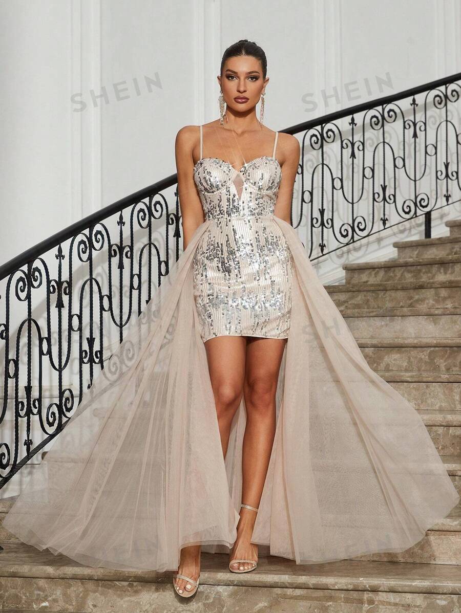 Shein Belle Glamour And Sexy Pailletten Doorschijnend Jurken Met Spaghetti Bandjes Voor Vrouwen