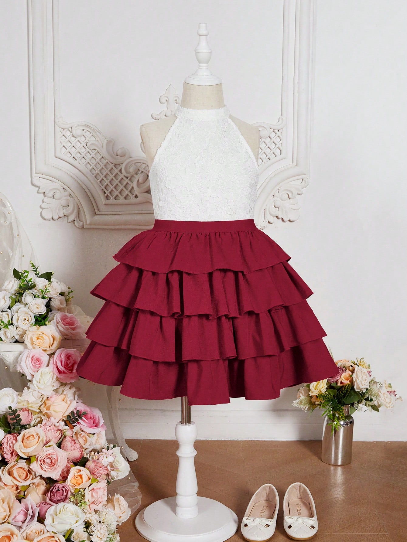 SHEIN Tween Girls' Lace Halter Top & Sheer Layered Skirt Two-Piece Set ...